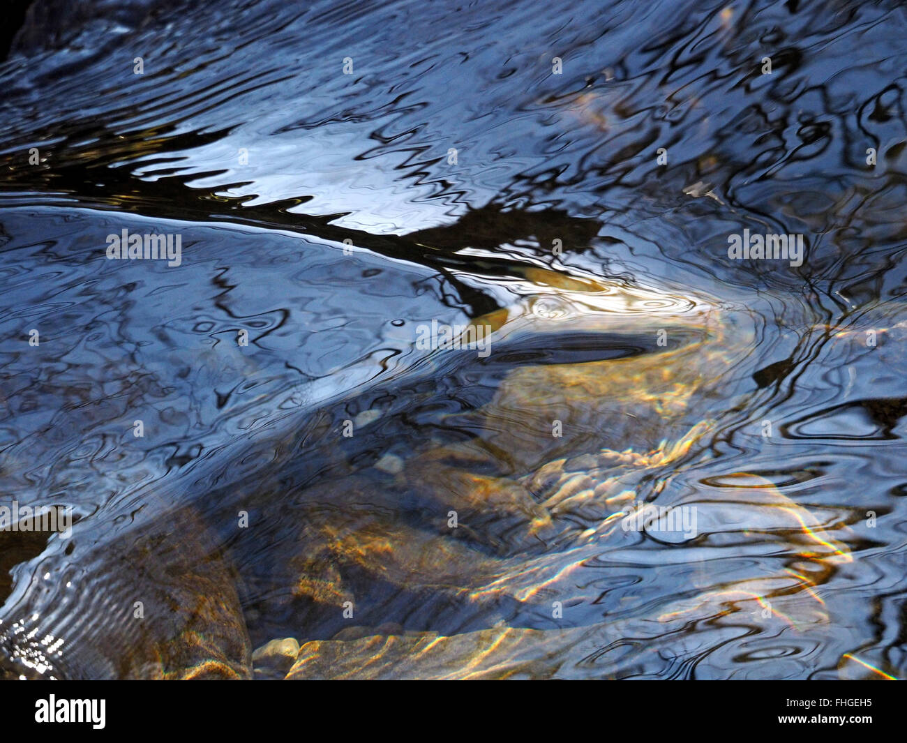 ripples and squiggly reflections on 3D surface of fast flowing sunlit ...