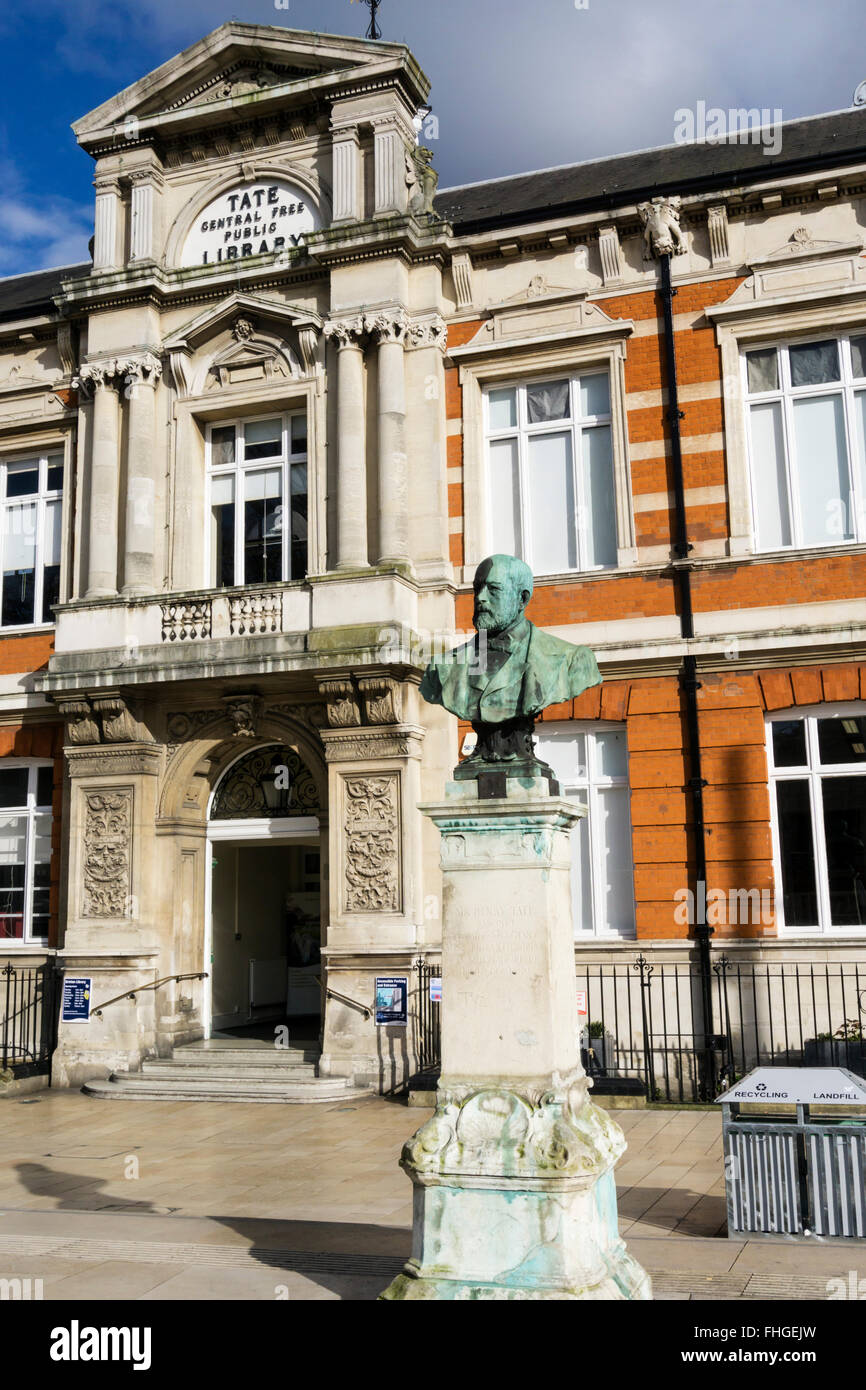 Bust of Sir Henry Tate in front of Tate Library, Brixton Stock Photo ...