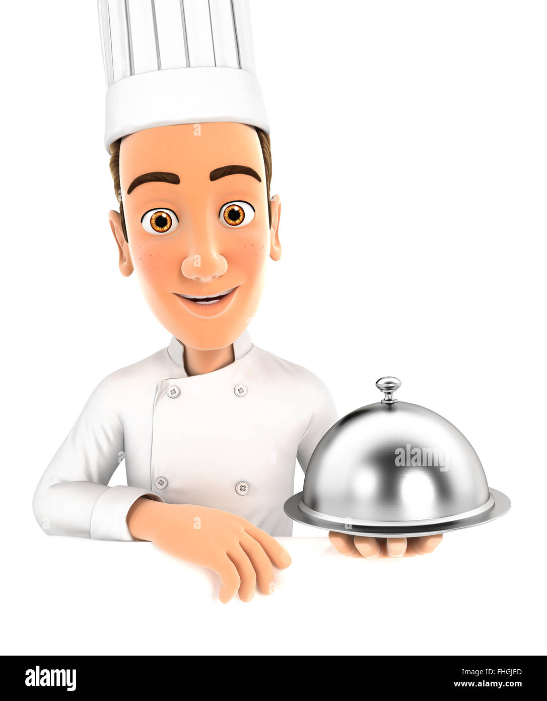 3d head chef holding restaurant cloche, isolated white background Stock ...