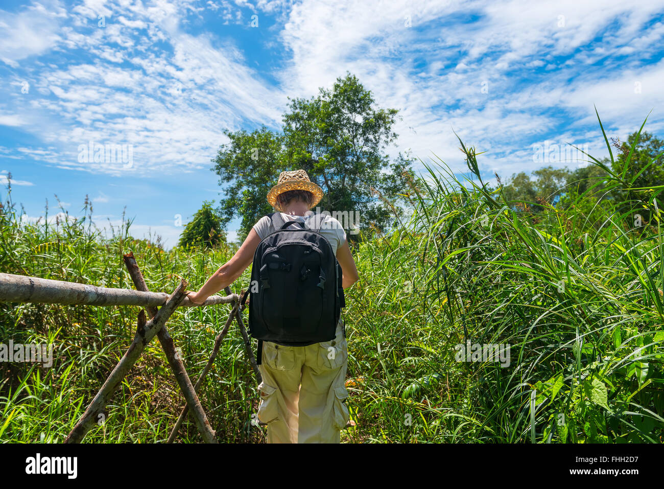 Woman from back side hiking in tropical field Stock Photo - Alamy