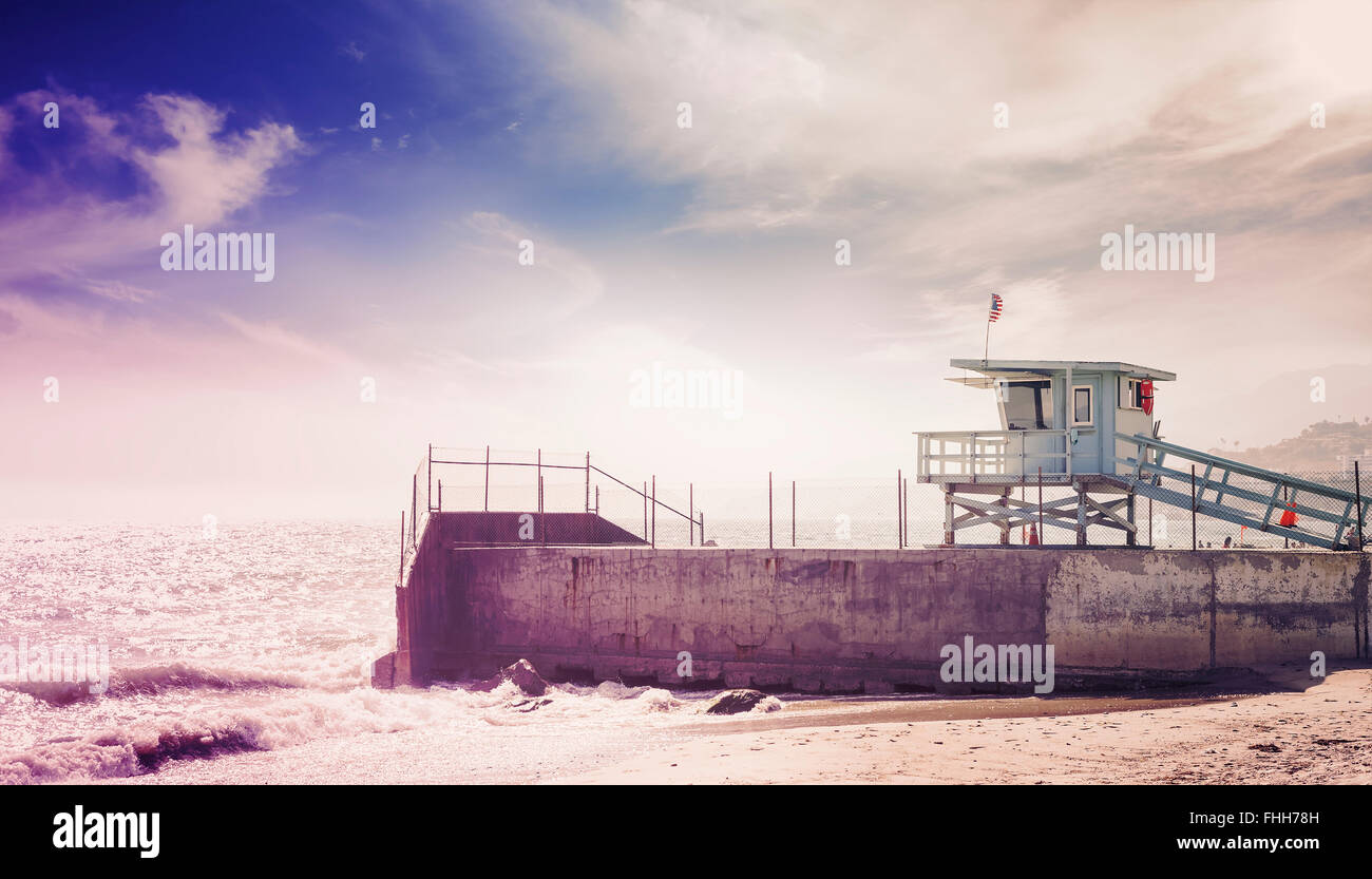 Vintage toned picture of lifeguard tower at sunset, California, USA ...
