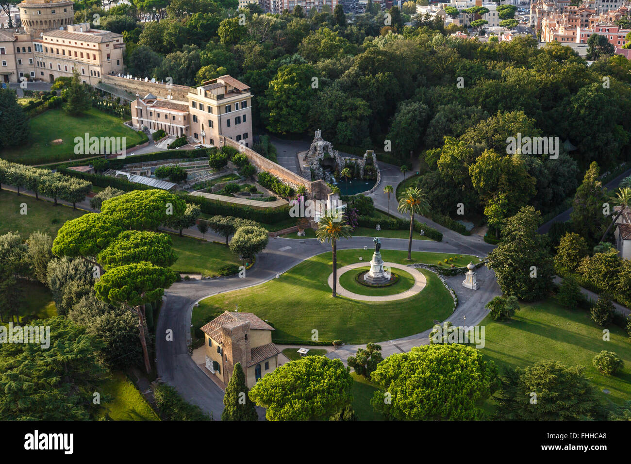 Top view of Vatican Gardens with green trees and meadow in Vatican ...