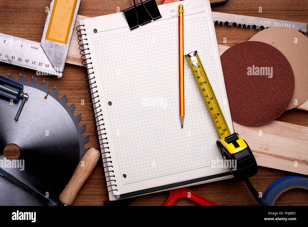 Elements of Woodwork planning project with tools Stock Photo - Alamy
