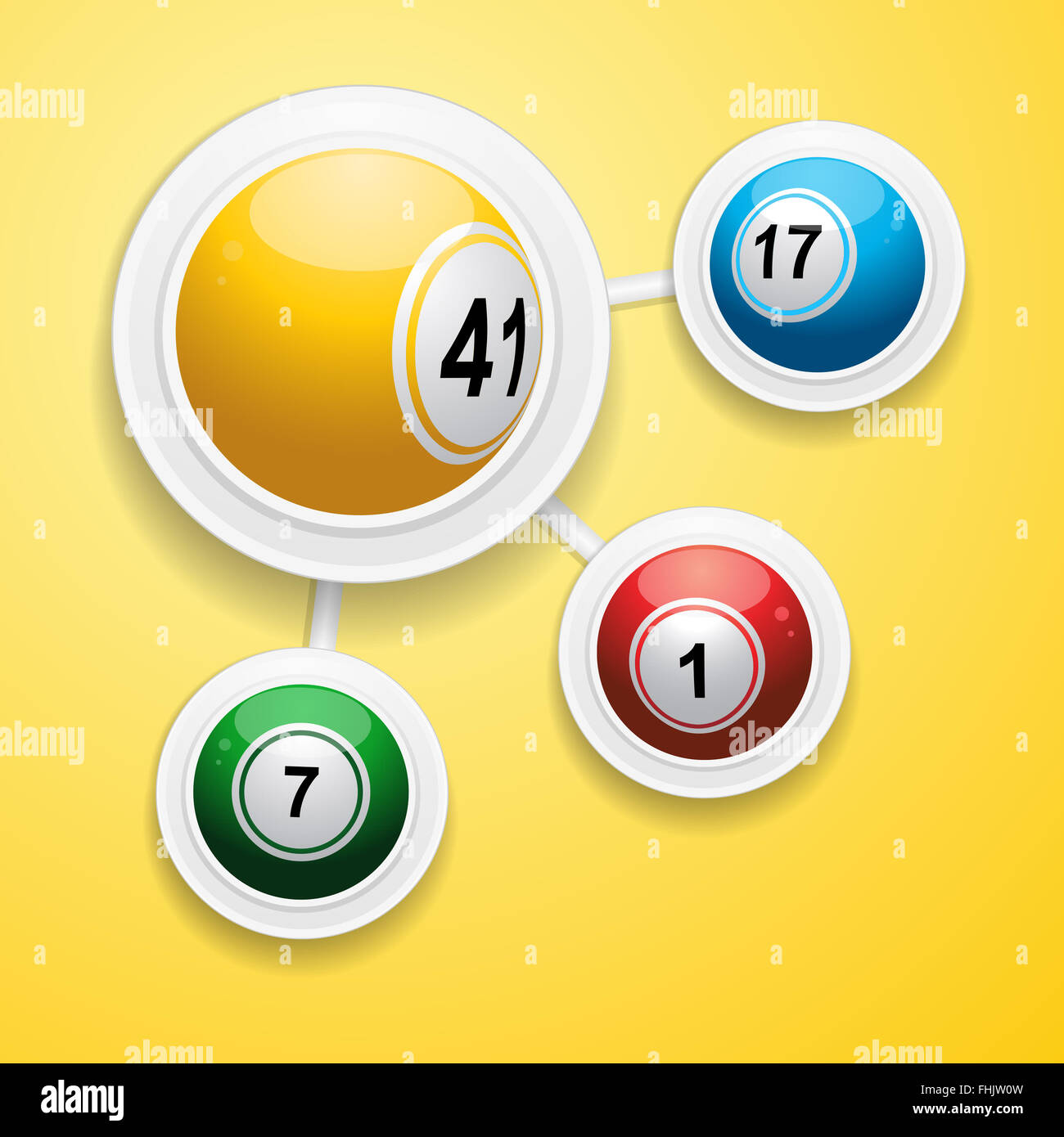 Four Bingo Balls with White 3D Circular Frame Over Yellow Background ...