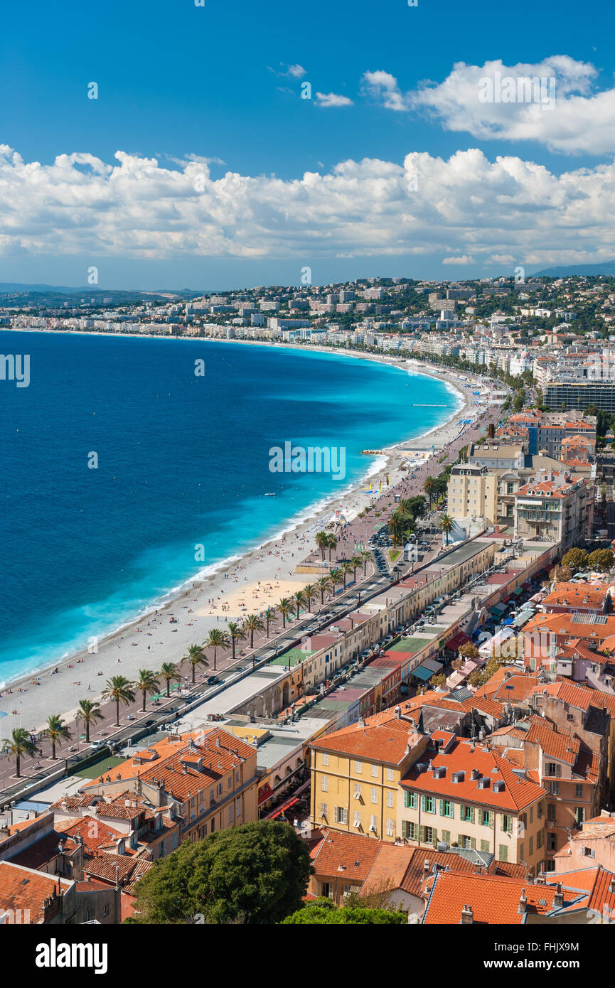 High level panorama of the beach and the Promenade des Anglais around ...