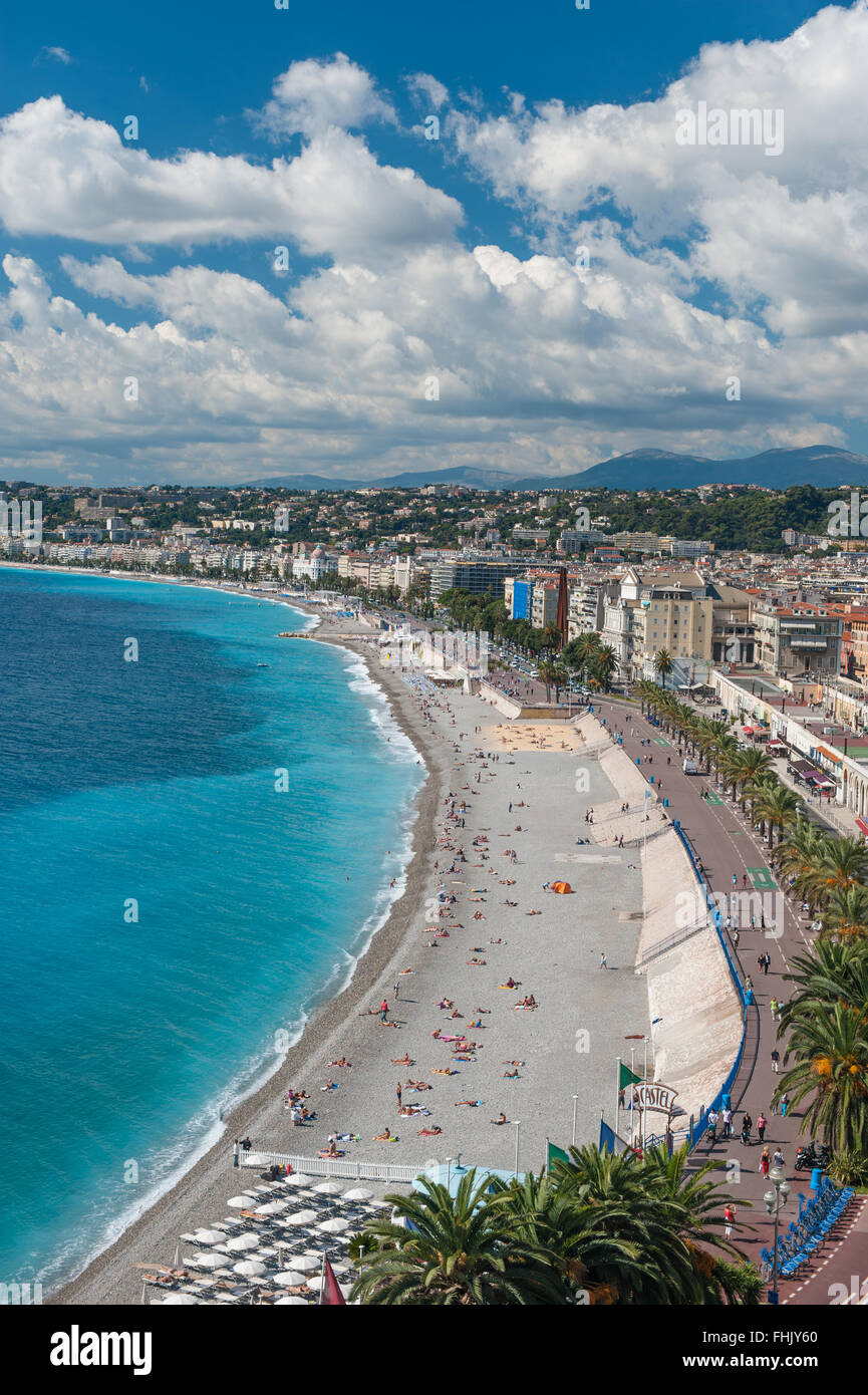 High level panorama of the beach and the Promenade des Anglais around ...