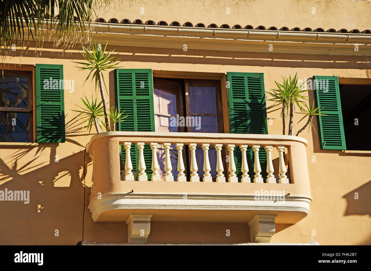 Mallorca, Balearic Islands, Spain: a balcony with palms around the ...