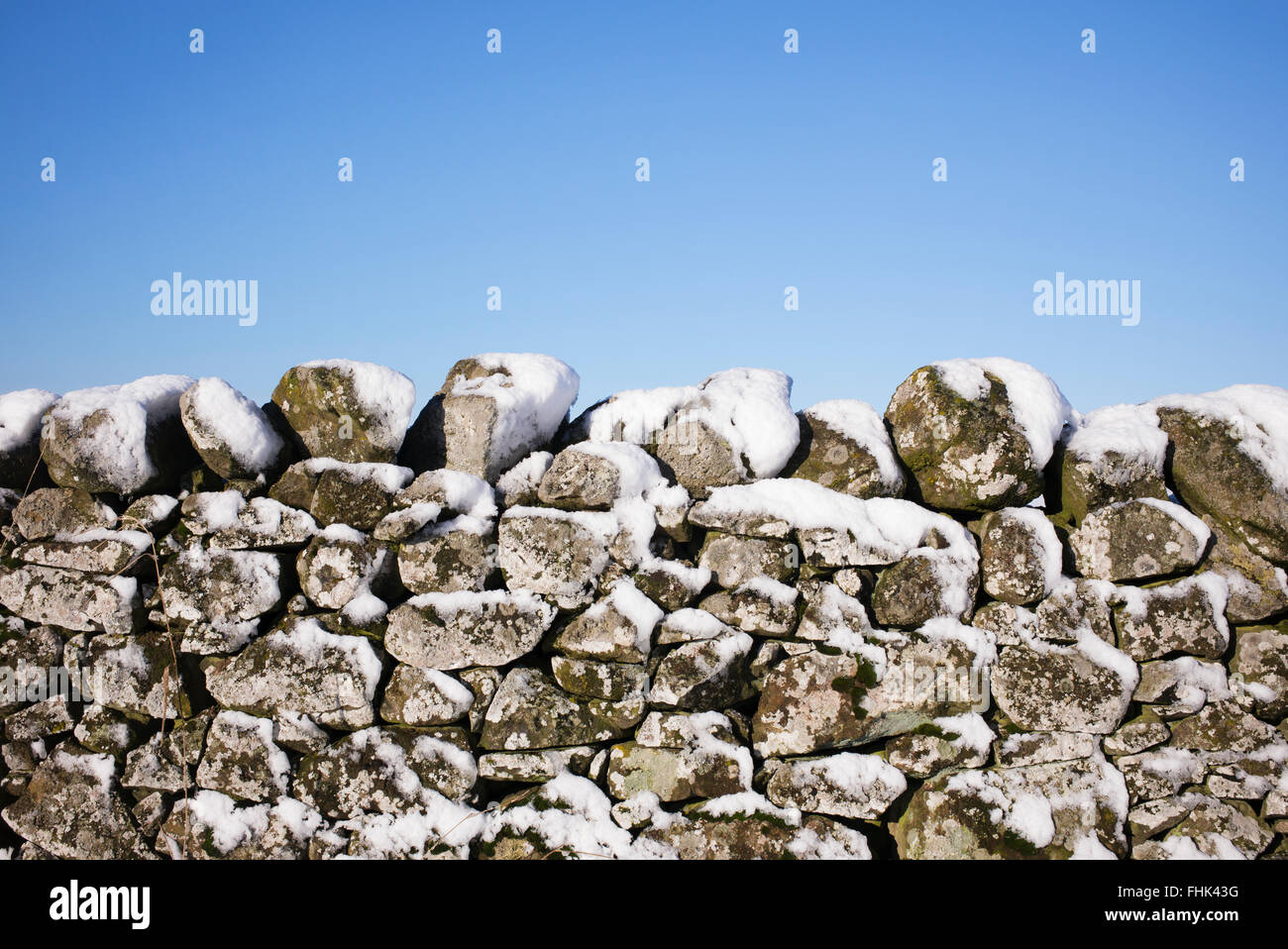 Dry stone wall covered in snow in the winter. Scottish borders ...