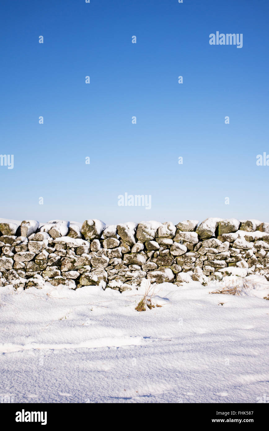 Dry stone wall covered in snow in the winter. Scottish borders ...