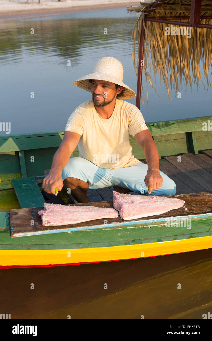 Fisherman preparing a surubim catfish on the beach in Alter do Chao ...