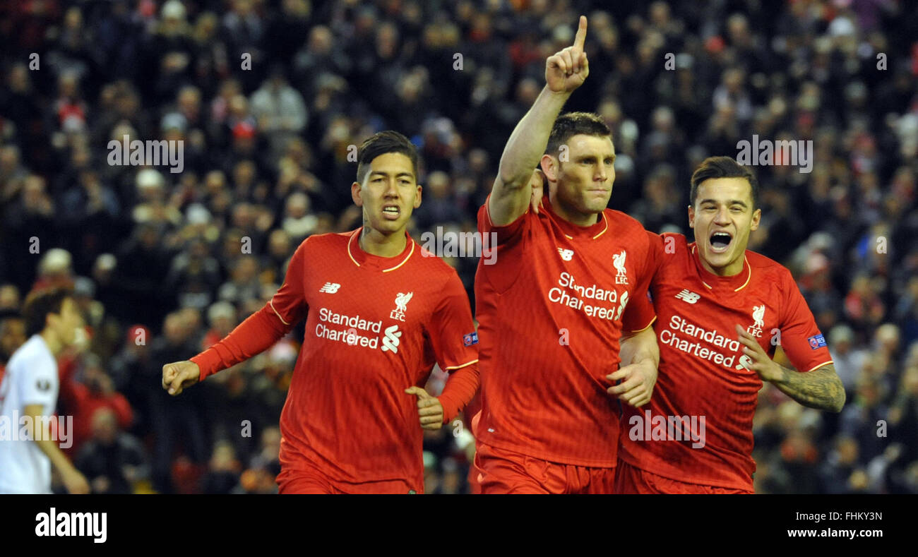 Liverpool, UK. 25th February, 2016. Liverpool's Roberto Firmino (L-R ...