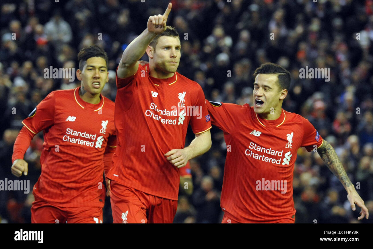 Liverpool, UK. 25th February, 2016. Liverpool's Roberto Firmino (L-R ...