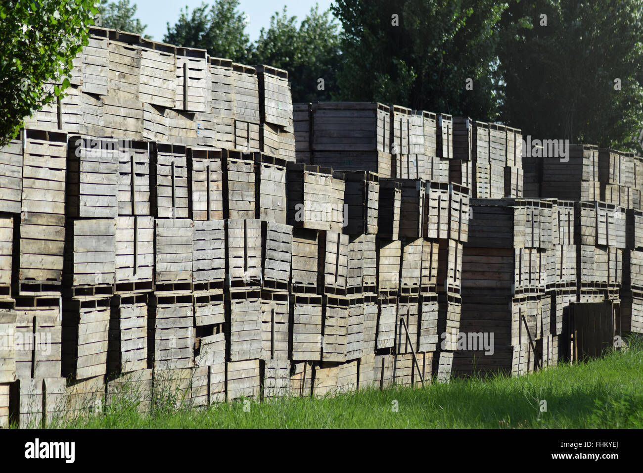 Wooden boxes stacked together. Warehouse empty wooden containers Stock ...