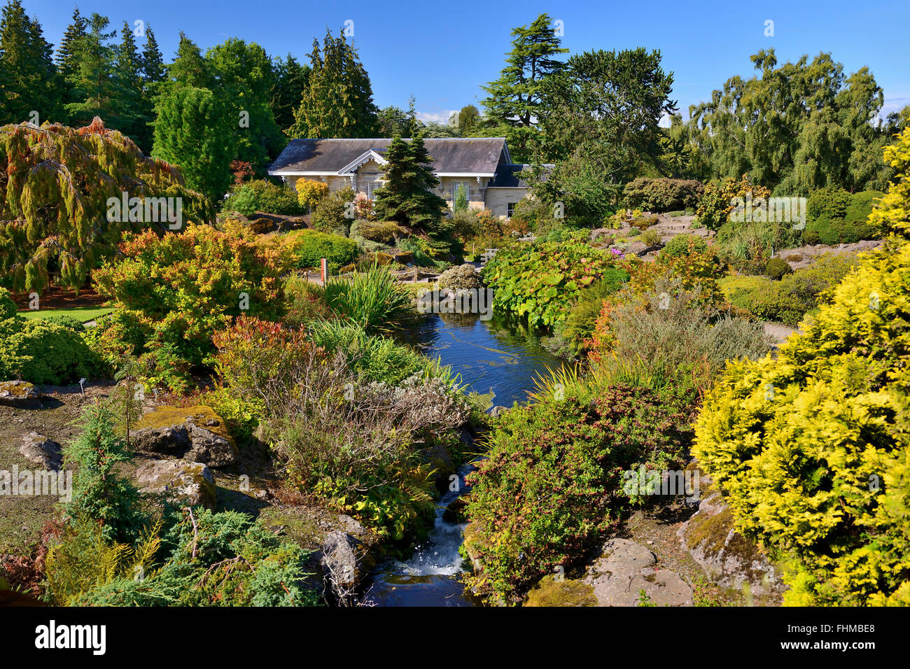 Rock garden and pond, Royal Botanic Garden, Edinburgh, Scotland, UK ...