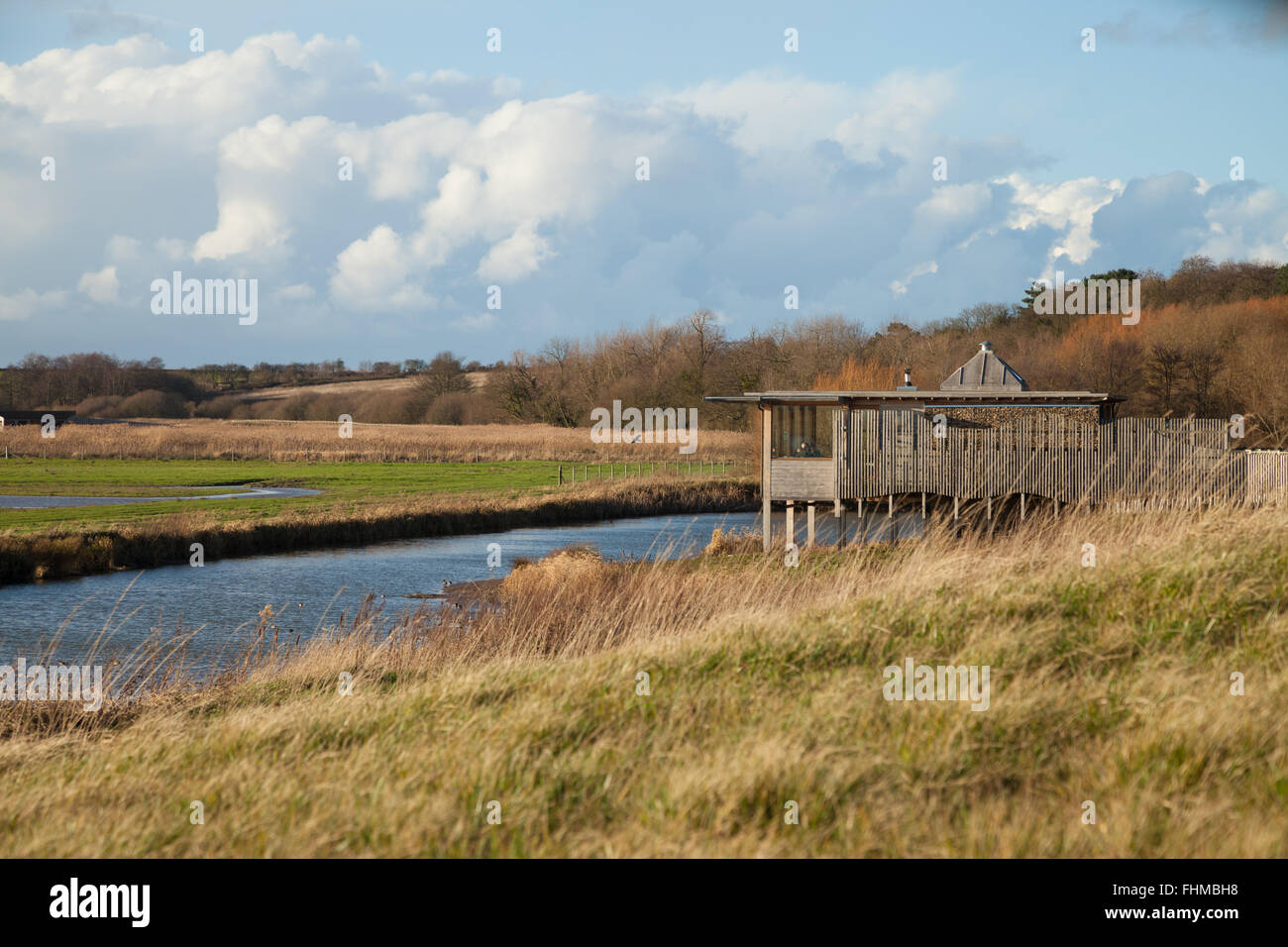 The main hide at RSPB Burton Mere, Wirral, Cheshire, England Stock ...