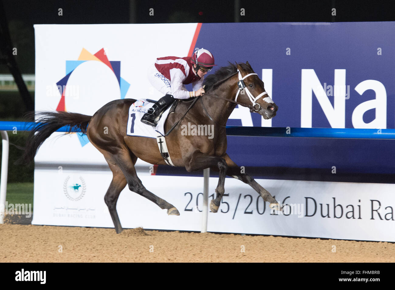 Dubai. 25th February, 2016. Sam Hitchcott wins Thoroughbreds Handicap ...
