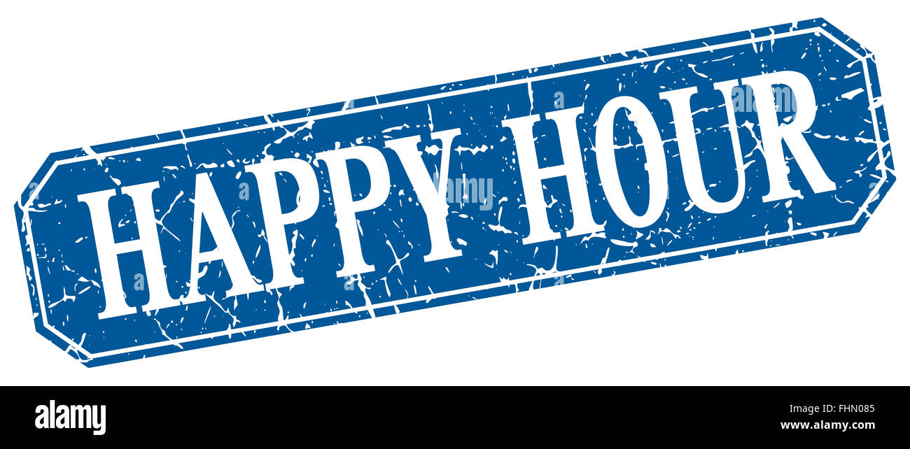 happy hour blue square vintage grunge isolated sign Stock Photo - Alamy