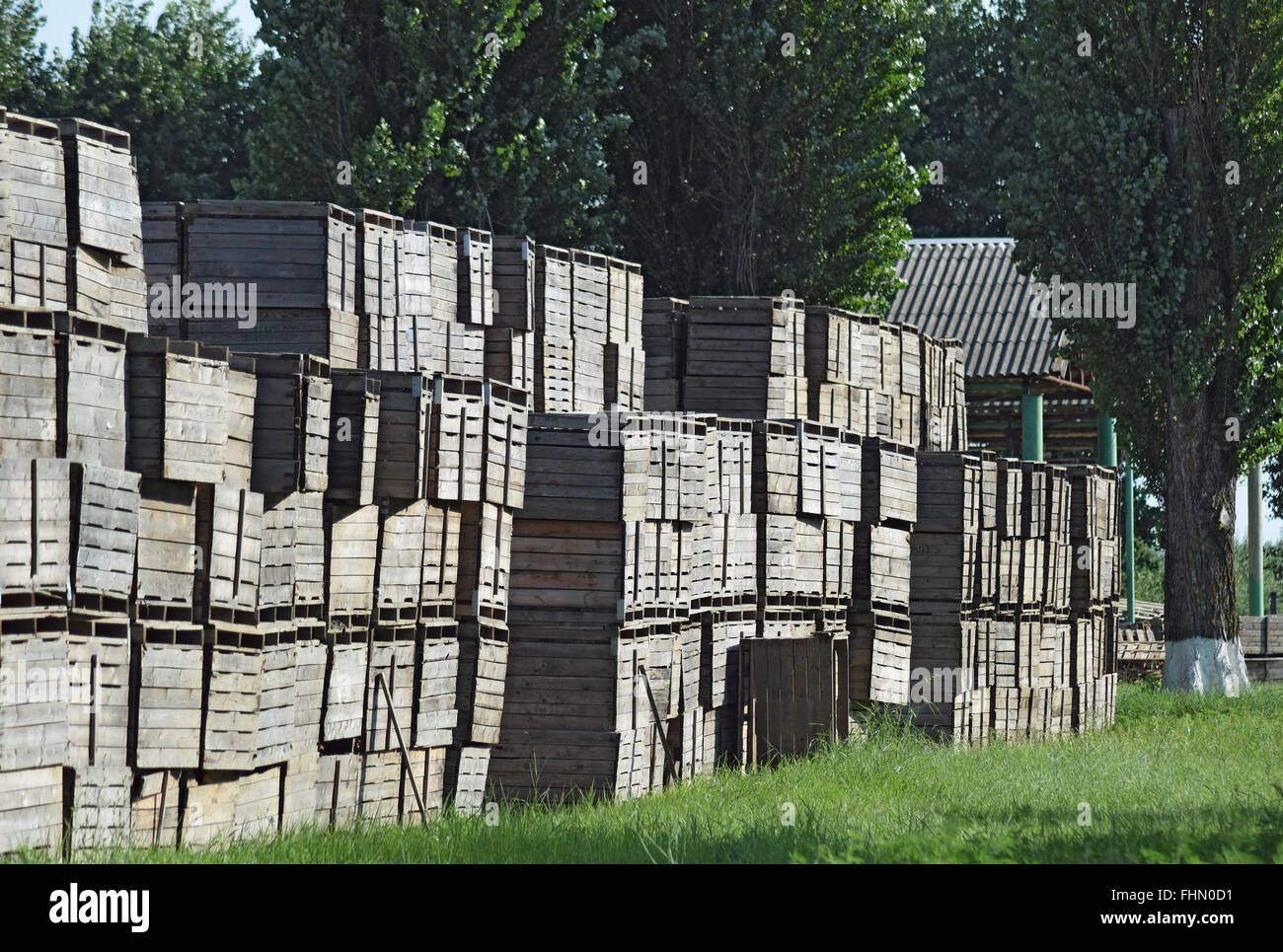 Wooden boxes stacked together. Warehouse empty wooden containers Stock ...