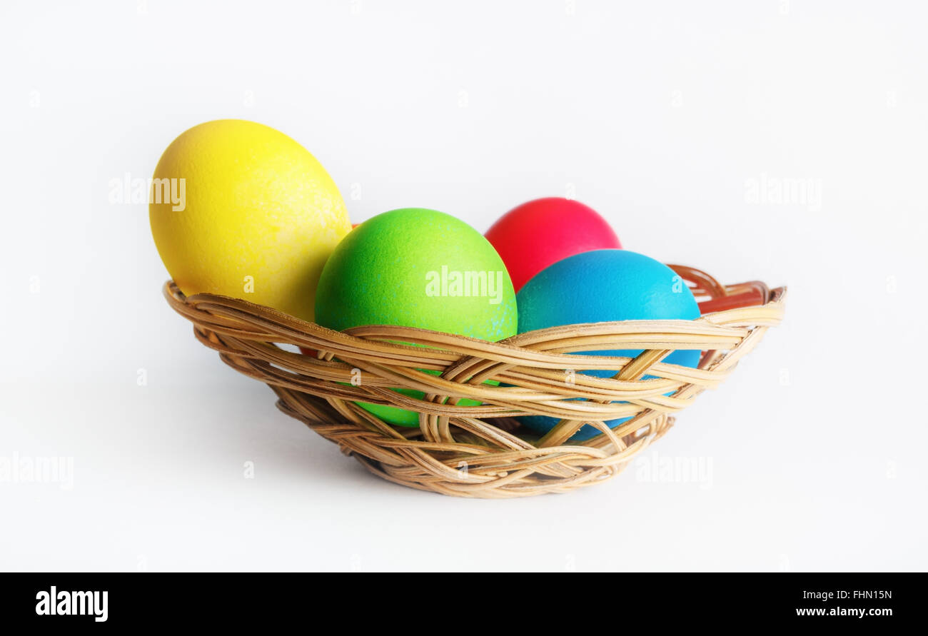 Basket of Easter eggs. Bright colorful easter eggs.Selective focus ...