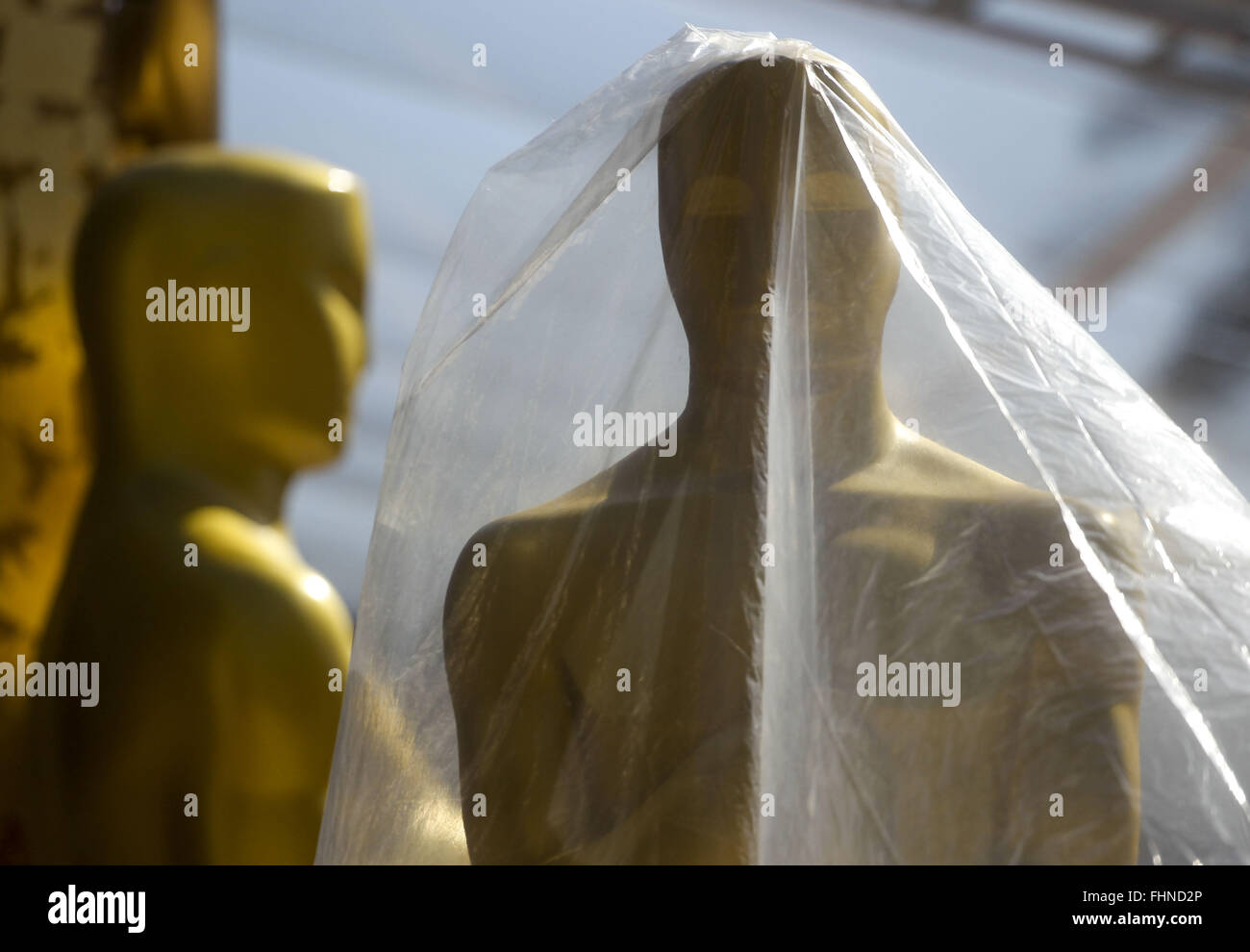 Los Angeles, California, USA. 25th Feb, 2016. An Oscar statue wrapped ...