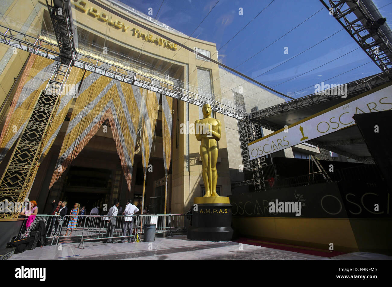 Los Angeles, California, USA. 25th Feb, 2016. An Oscar statue stands at ...