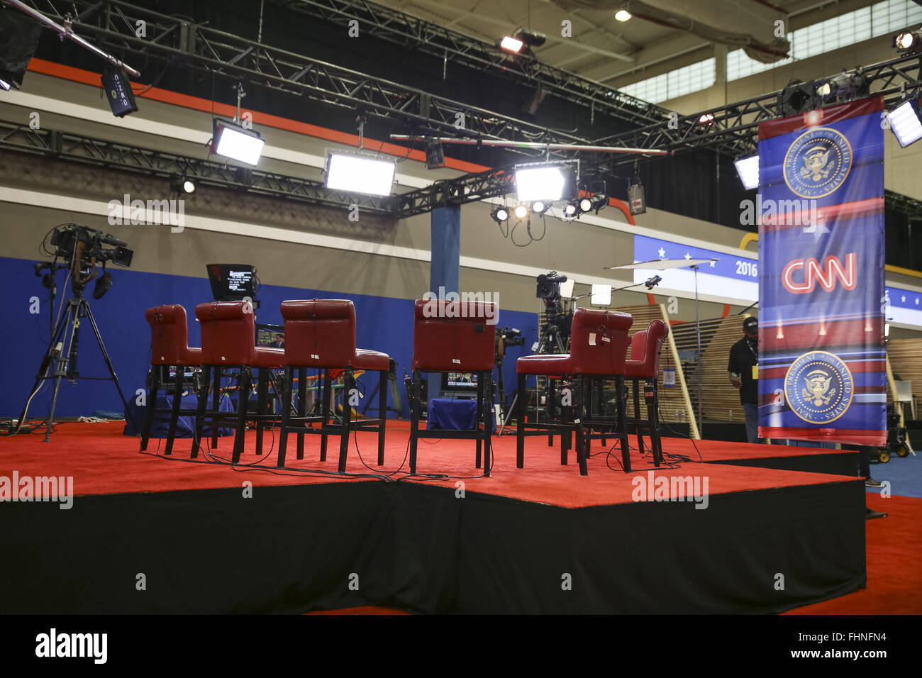 Houston, Texas, USA. 25th Feb, 2016. The media spin room stage is set ...