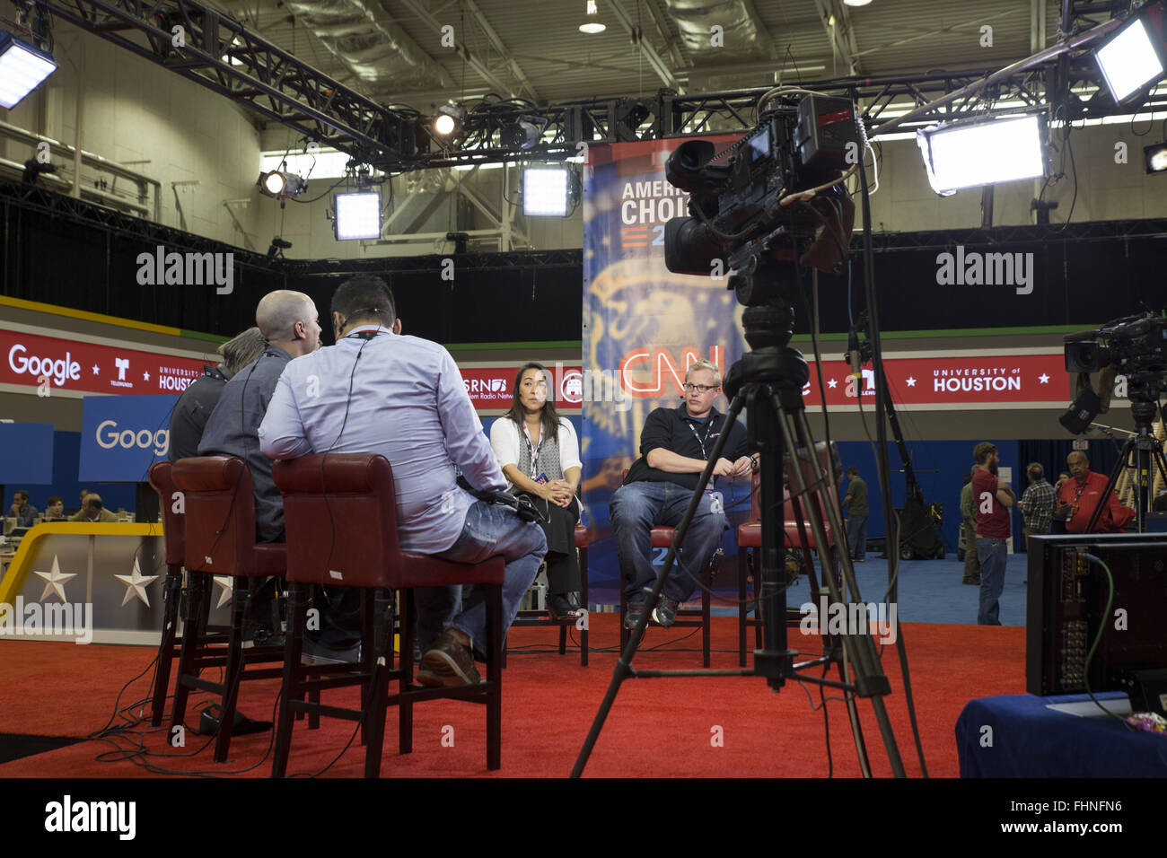 Houston, Texas, USA. 25th Feb, 2016. A group of panelists prepare for a ...