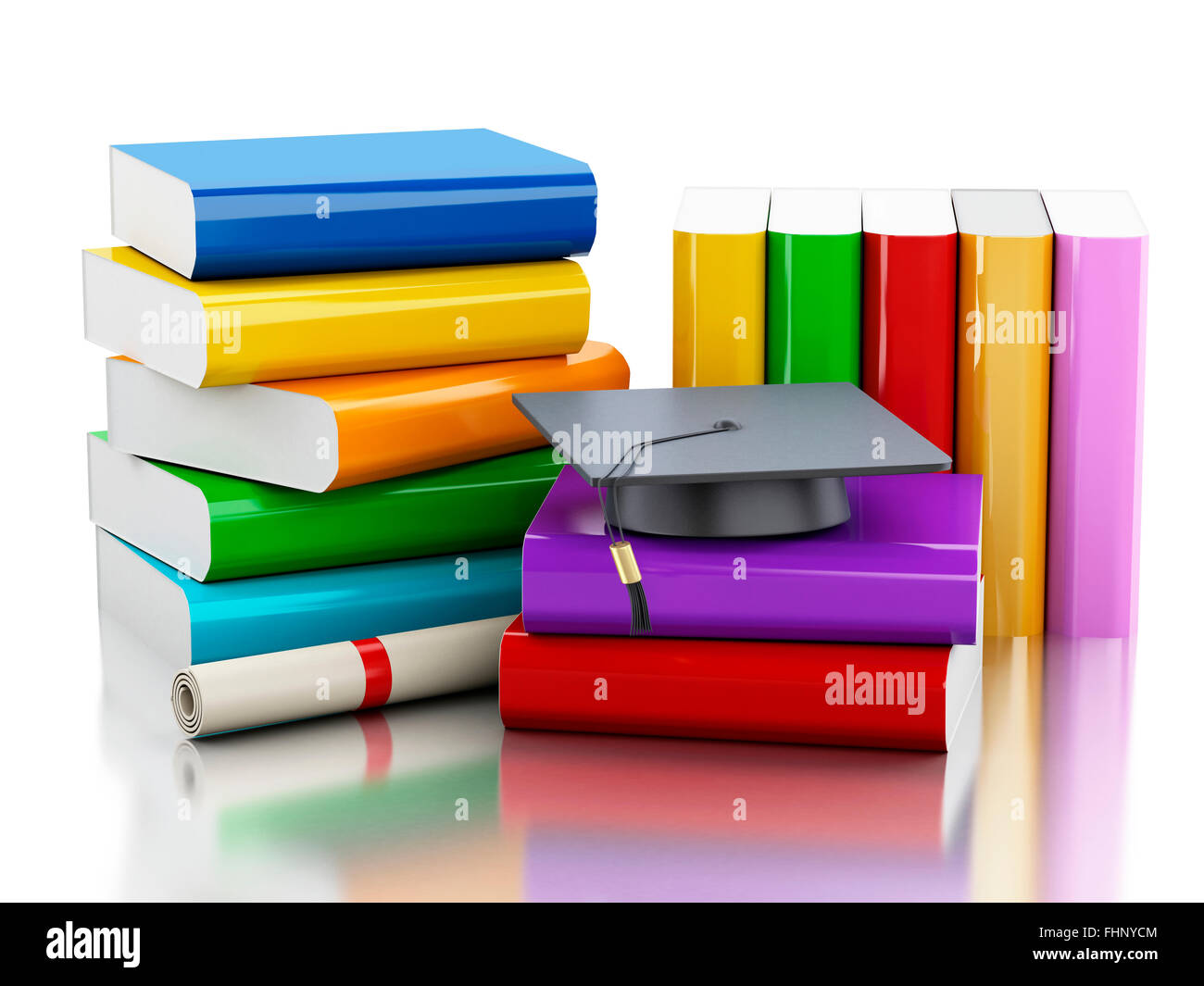 3d renderer illustration. Stack of Books and graduation cap. Education ...