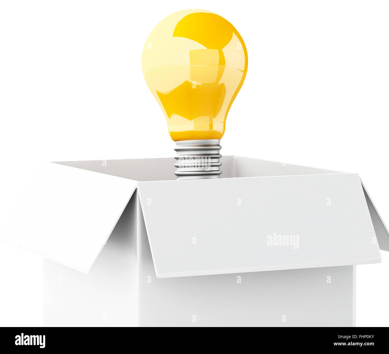 3d renderer illustration. Light bulb in white box. Thinking out of the ...