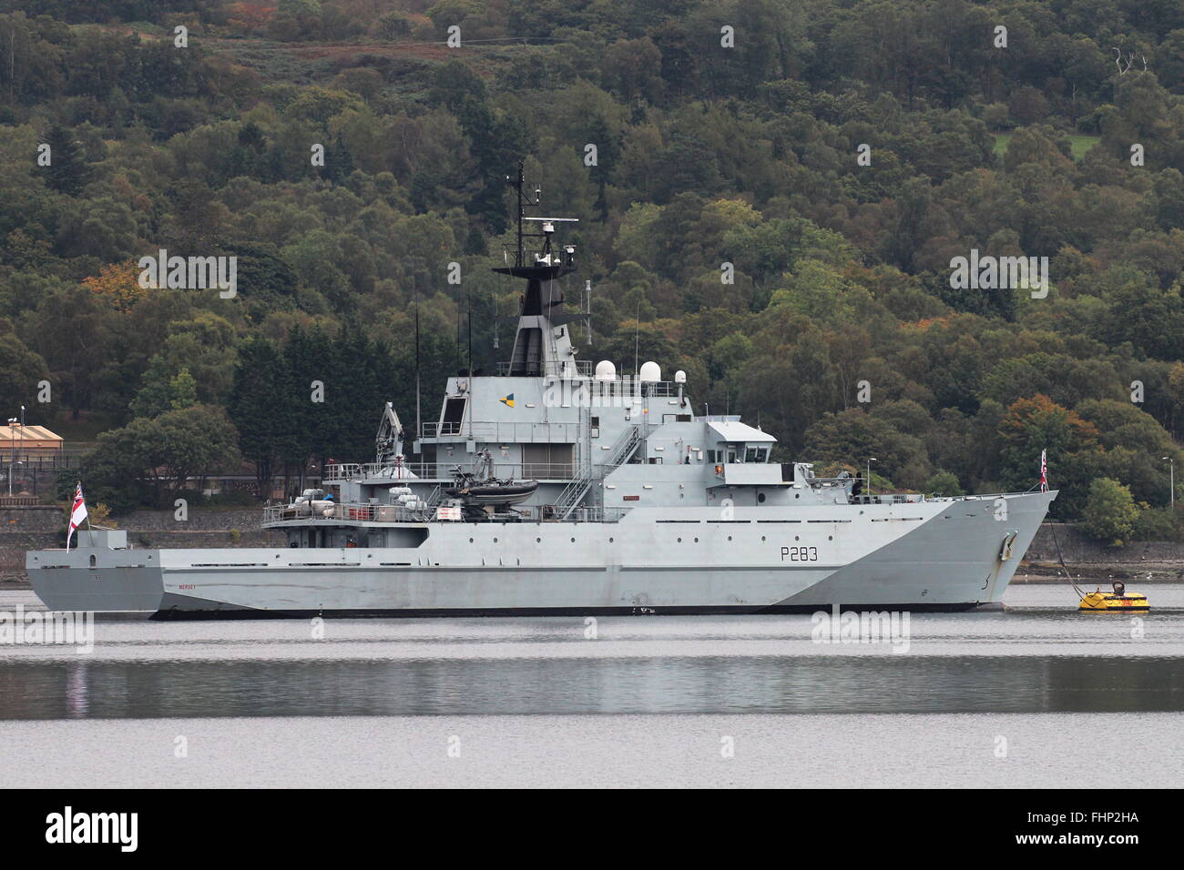 HMS Mersey (P283), a River-class patrol vessel of the Royal Navy, sits ...