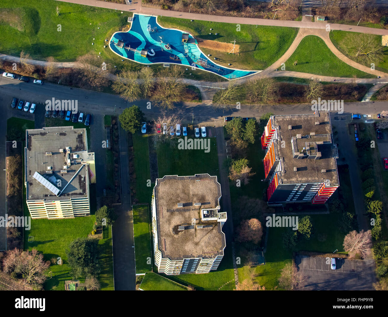Aerial view, new playground Hölkeskampring with the skyscrapers ...