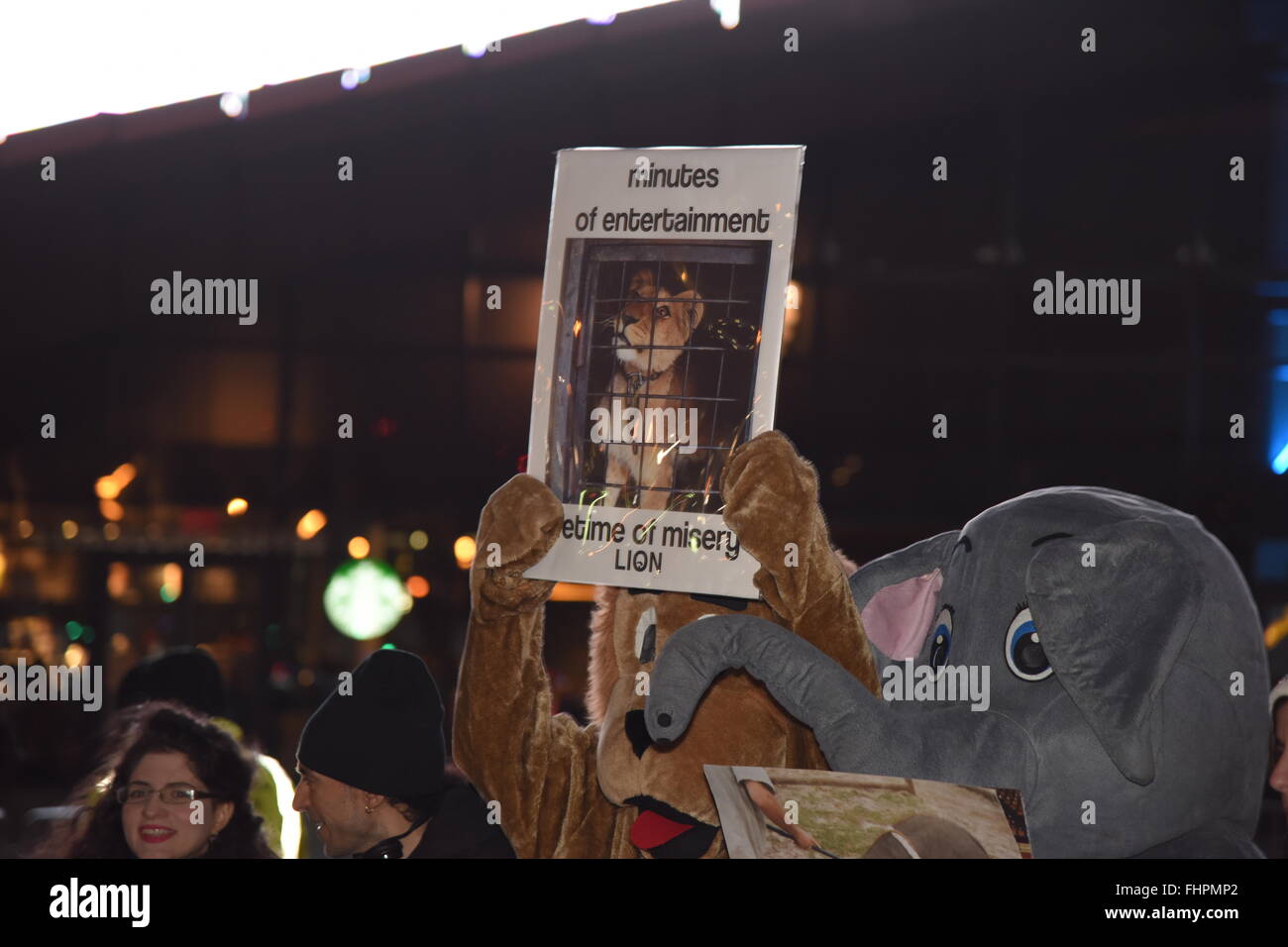 New York City, United States. 25th Feb, 2016. Protesters in lion and ...