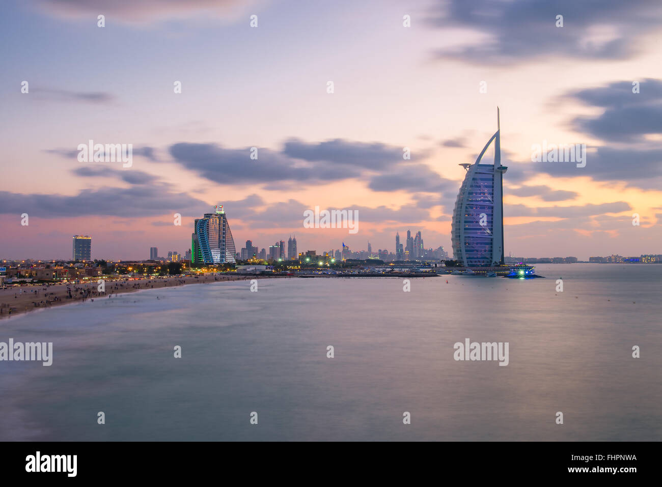 View of the illuminated Burj Al Arab and Jumeirah Beach Hotel at the ...