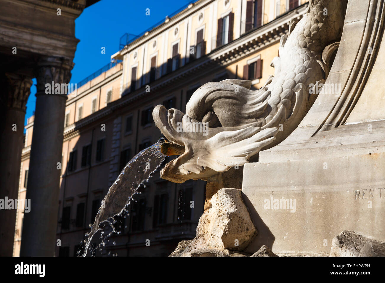 Close up detailed view of sculptures made by Leonardo Sormani of the fountain at Piazza Della ...