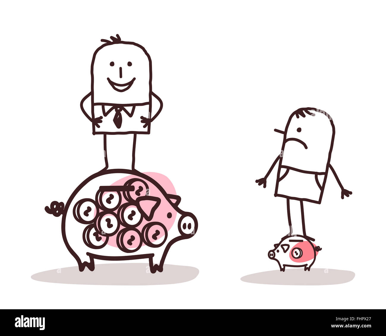 Businessman on Big Piggy Bank and Poor Man with Little One Stock Photo ...