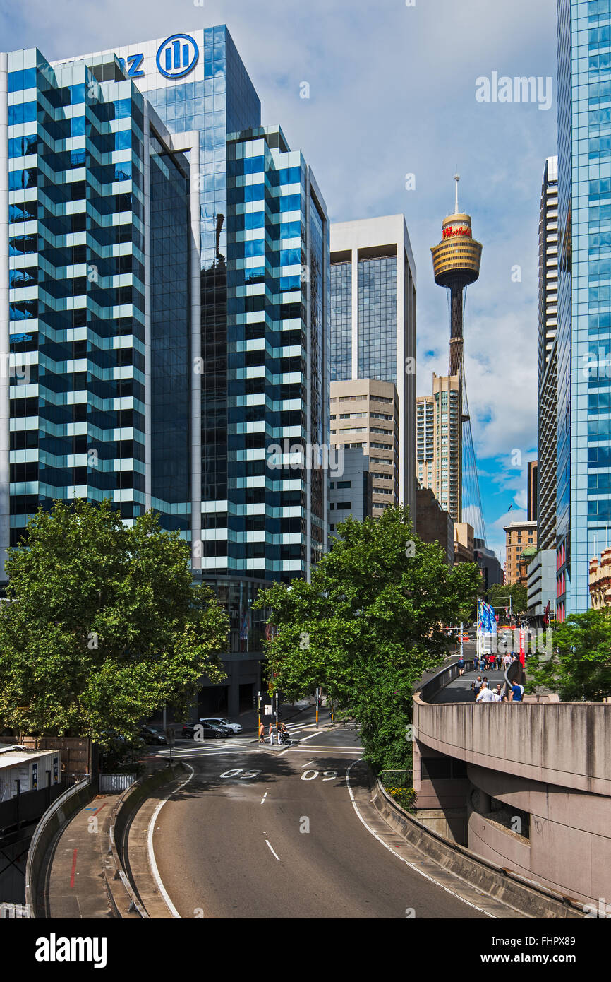 Sydney skyscrapers with sydney tower perspective view with blue cloudy ...