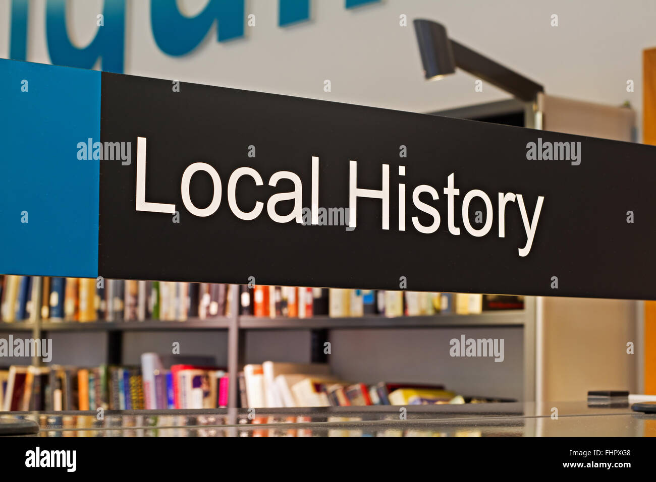 Local History section sign inside a modern public library Stock Photo ...