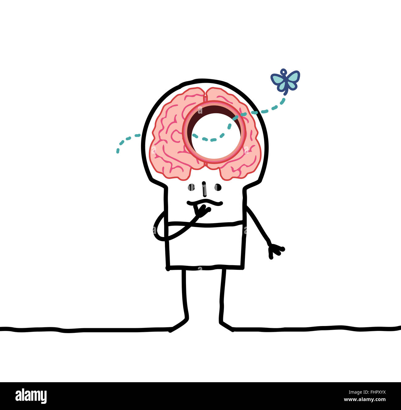 cartoon big brain man with hole and butterfly Stock Photo - Alamy