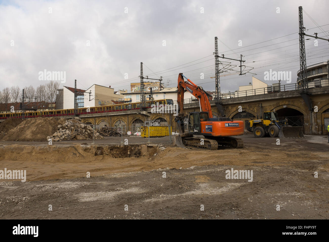BERLIN, FEBRUARY 24: Lot on construction and backhoe next to the S-Bahn ...