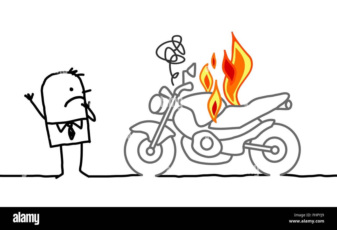 Hand drawn cartoon characters - Man watching a burning motorbike Stock ...