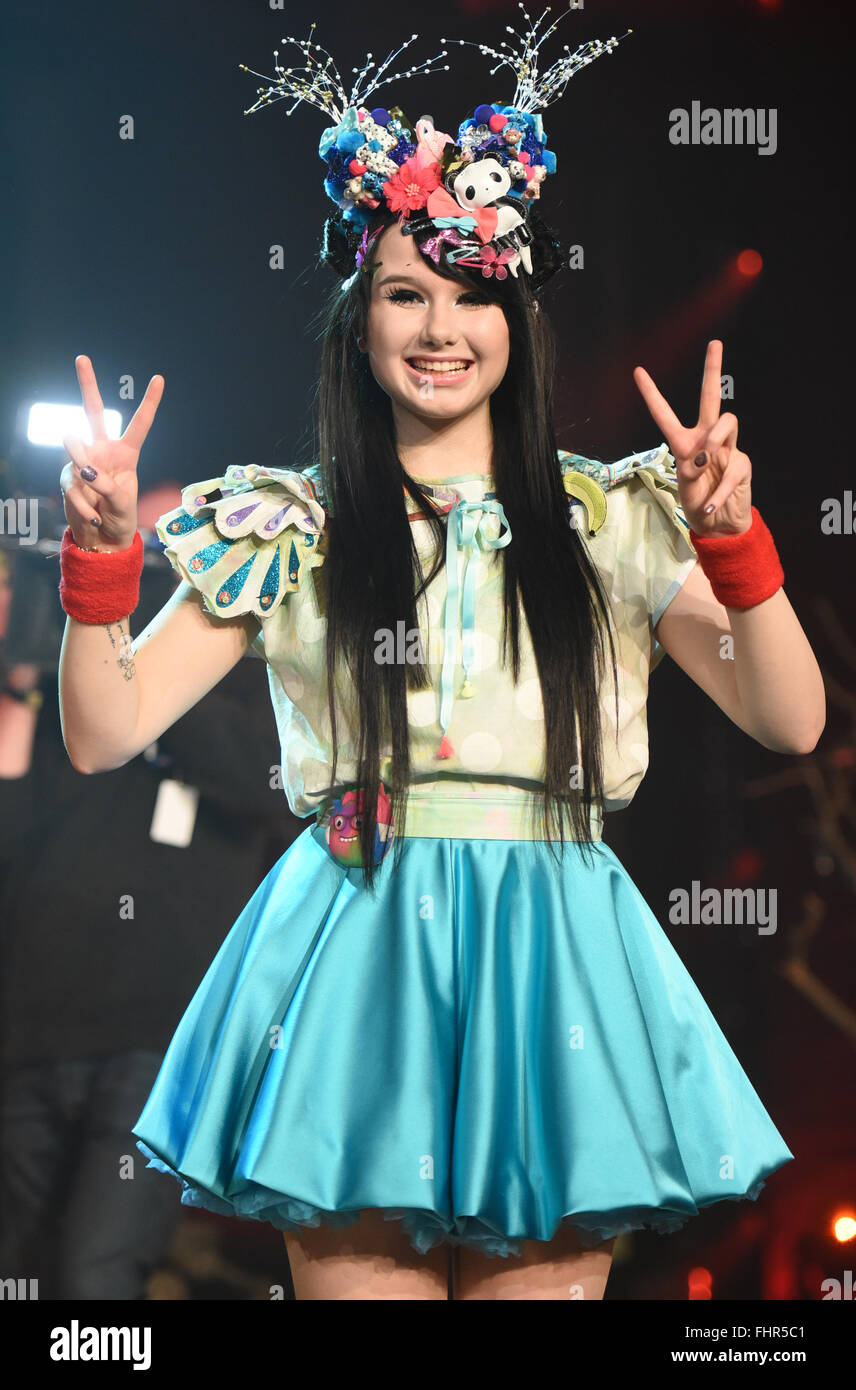 Cologne, Germany. 25th Feb, 2016. Singer Jamie-Lee Kriewitz reacts ...
