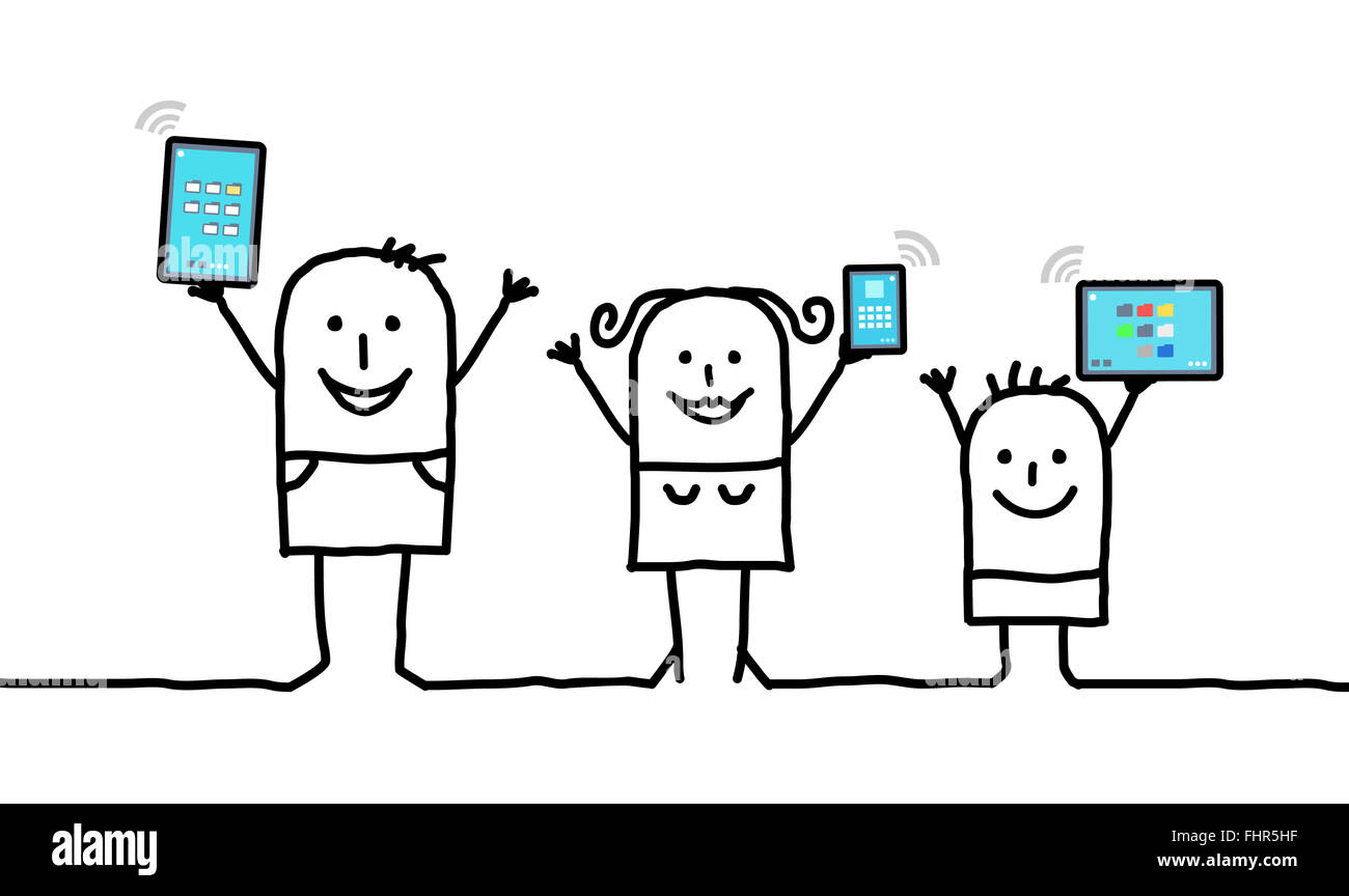 cartoon family holding connected digital tablets and phones Stock Photo ...