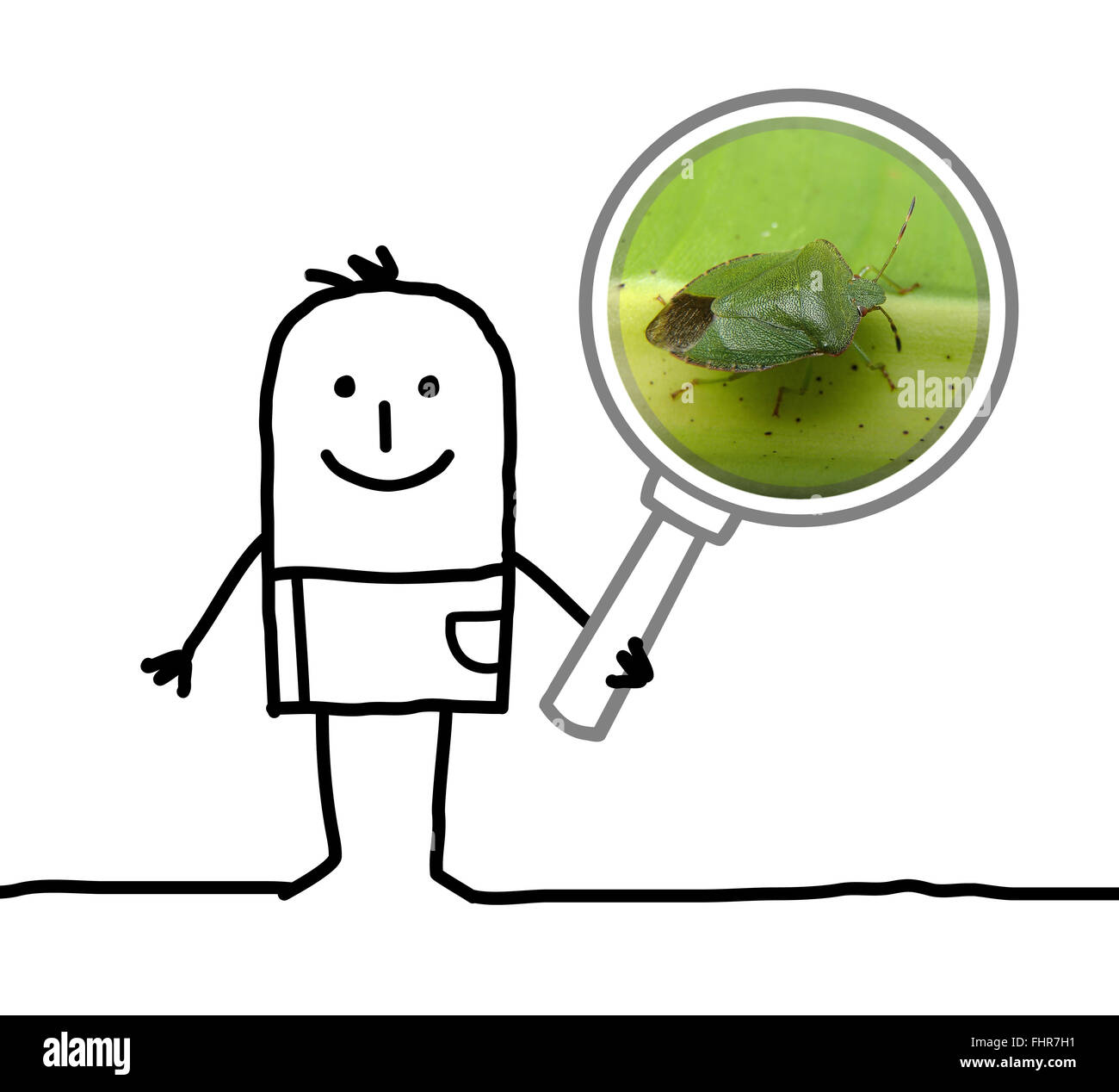 cartoon man observing a bug with a magnifying glass Stock Photo - Alamy