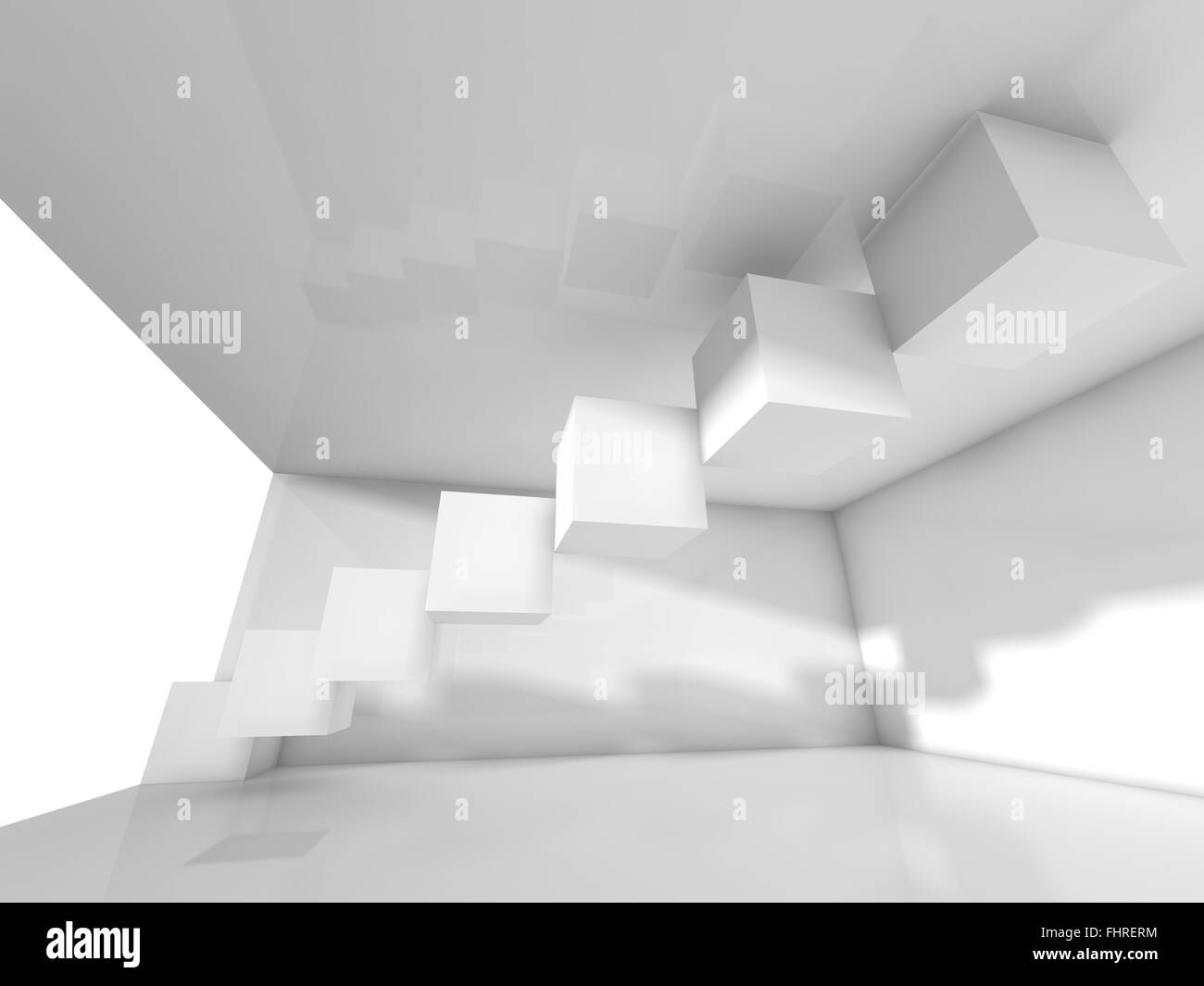Abstract modern white interior design with cubes installation. Empty ...