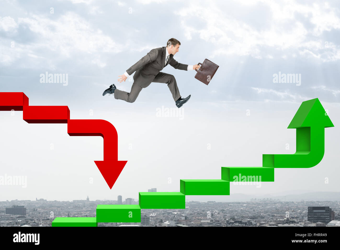 Businessman running on arrows Stock Photo - Alamy