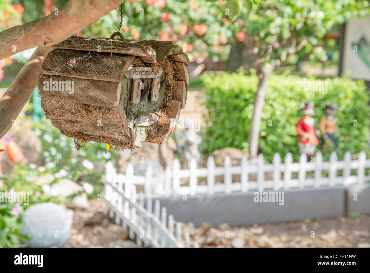 Honeymoon suite set up as wodden birds tree house hanging in garden ...