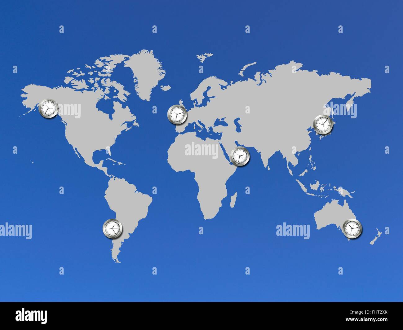 An illustration of a world map with clocks Stock Photo - Alamy