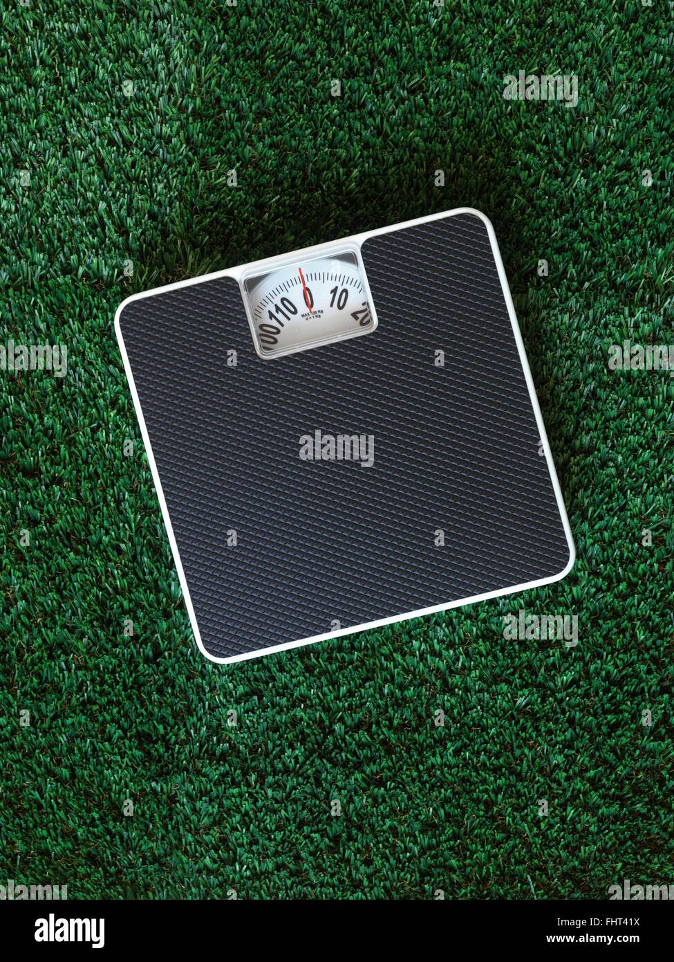 Bathroom scales isolated against green grass Stock Photo - Alamy