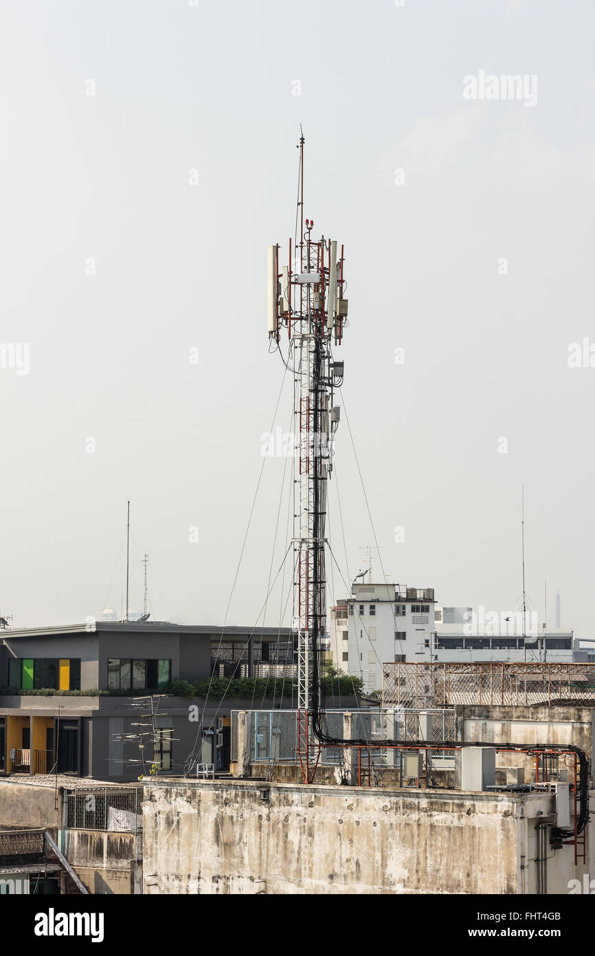 Telecommunication tower with multiple antennas and data transmitters ...