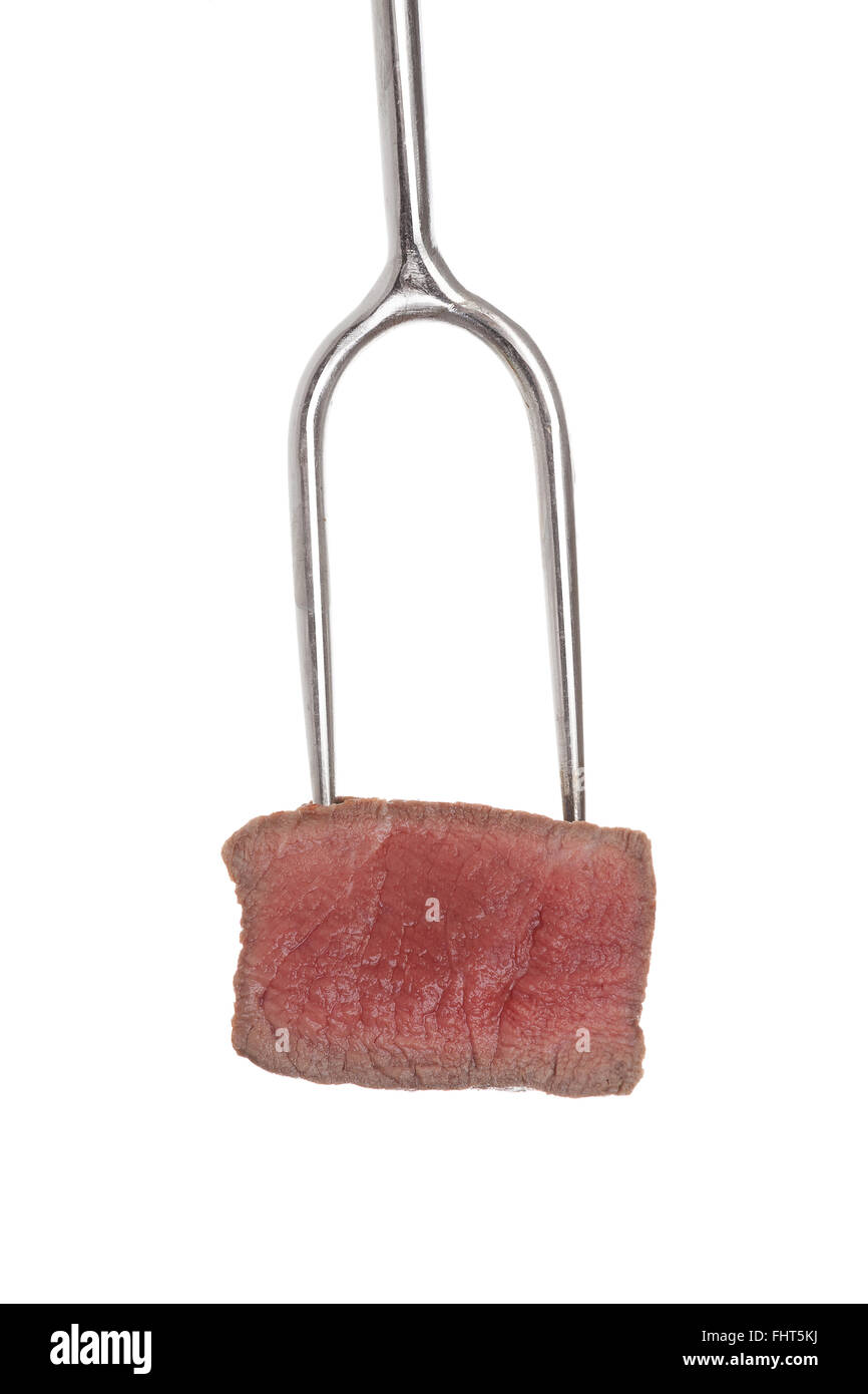 Steak on fork isolated Stock Photo - Alamy